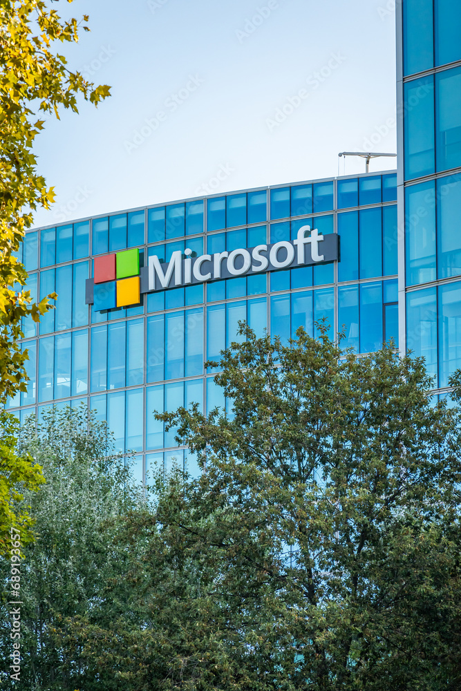 Microsoft sign on the French head office building in Issy les ...