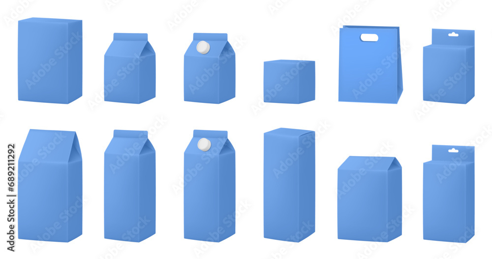 Blue boxes for dairy products. Blank cardboard package boxes mockup ...