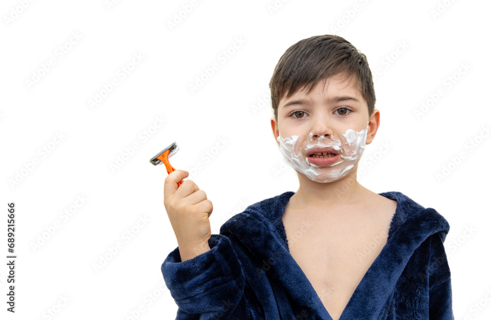 cute preschooler boy with shaving foam on cheeks face and razor with ...