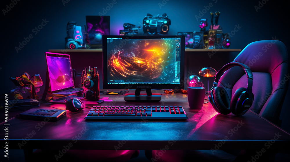 Wide gaming console table image with colorful neon busy room background ...