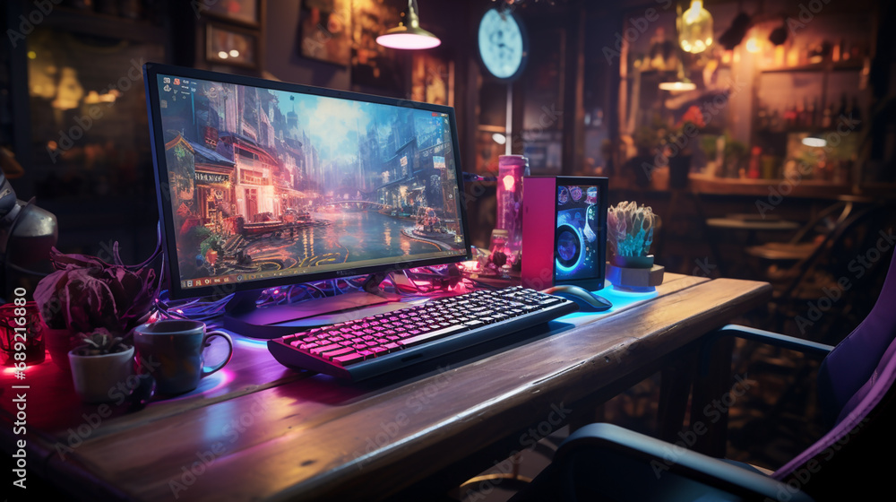 Wide gaming console table image with colorful neon busy room background ...