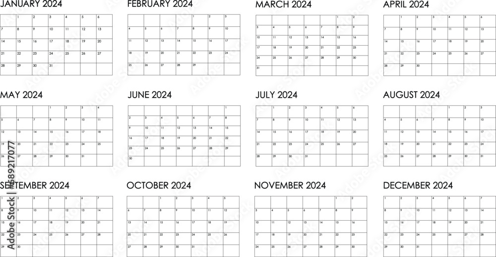 2024 year, 12 month yearly calendar. Simple black and white design ...