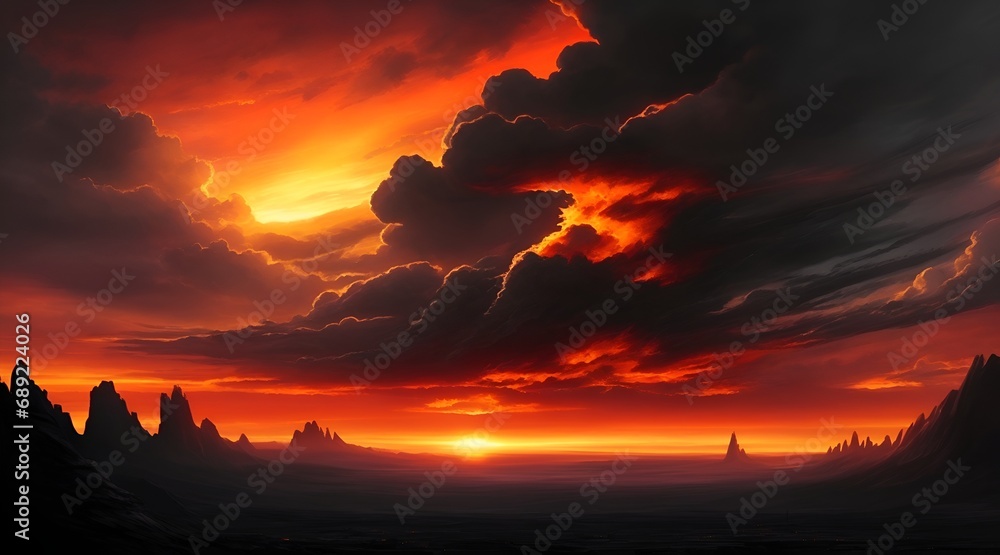 Sunset is a deep black. Evening sky with dramatic clouds. Space for ...