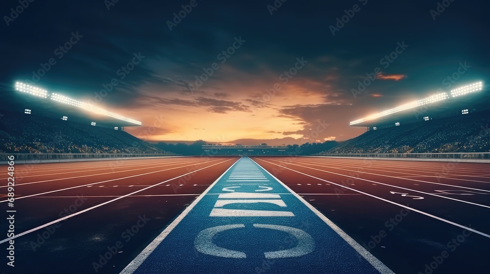 An empty outdoor running track at night with the stadium lights shining ...