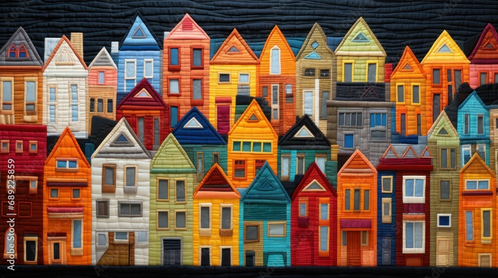 Textured Yarn Artwork of Colorful patchwork Town. Intricate yarn ...