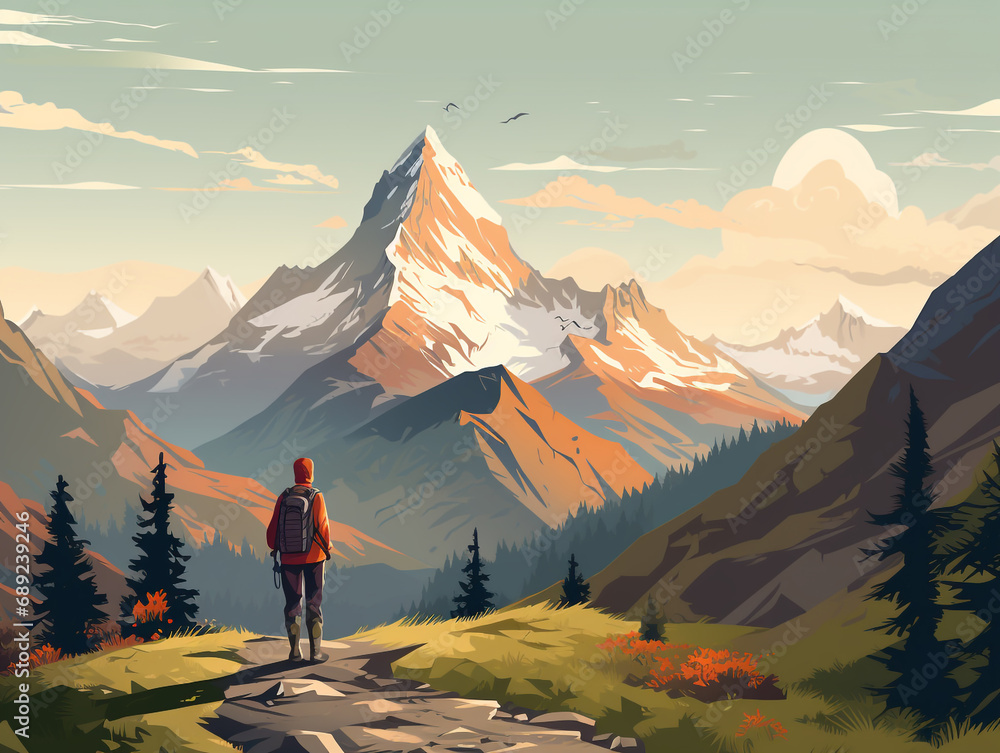 A illustration representation of a scenic mountain range with hiking ...