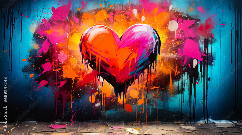 Vibrant heart-shaped graffiti artwork on urban wall with vivid splashes ...