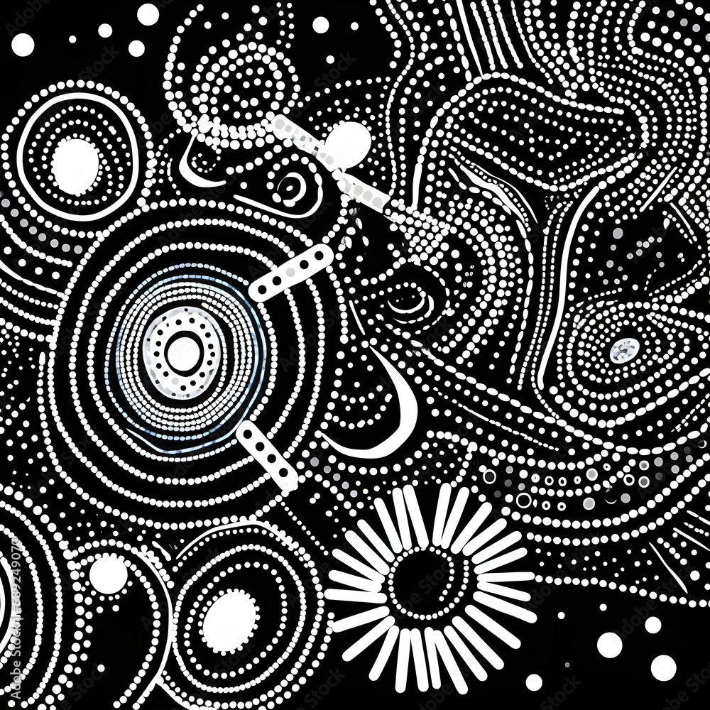 A beautiful print in the style of Australian aborigines. Black and ...