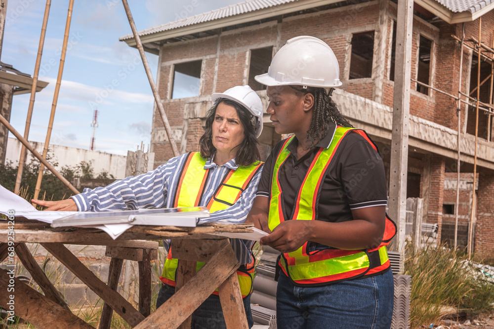 Real estate concept.female black engineer, contractor standing, with ...