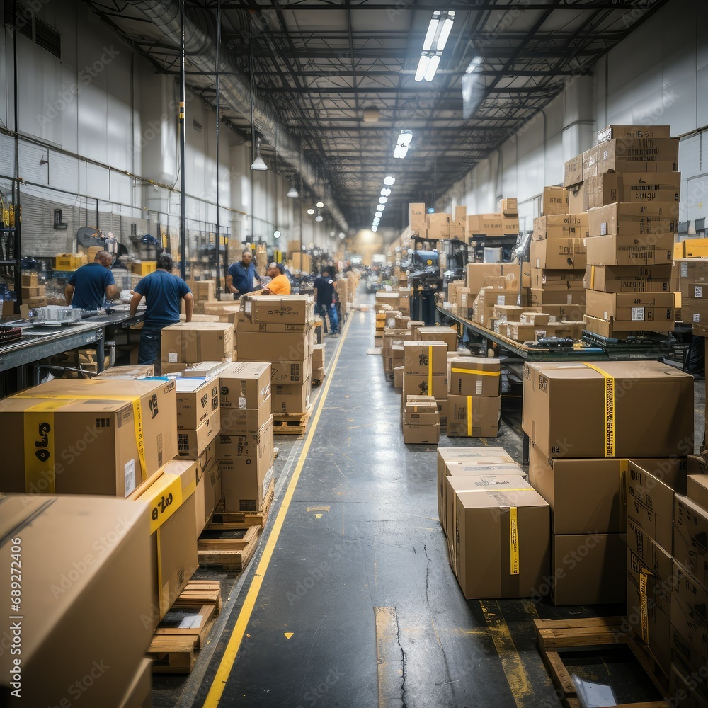 warehouse indoor view, with a packing station, featuring workers ...