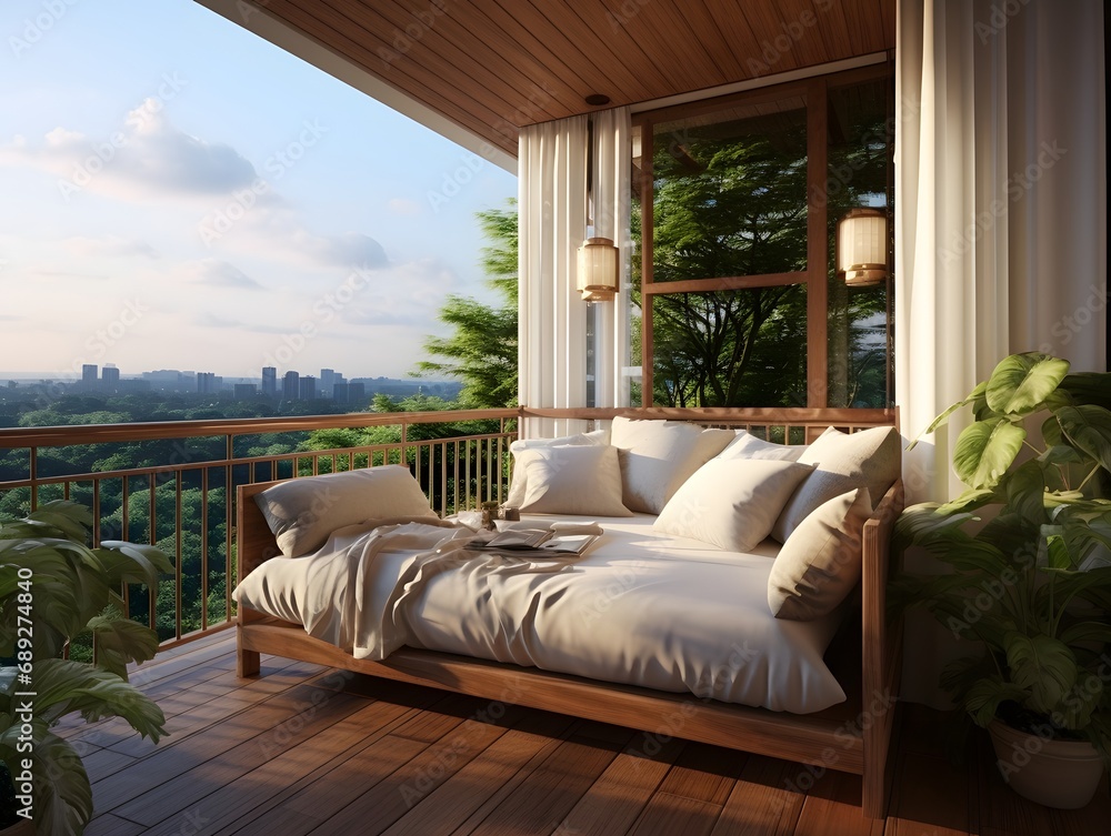 An inviting oasis on a high-rise balcony adorned with cozy furnishings ...