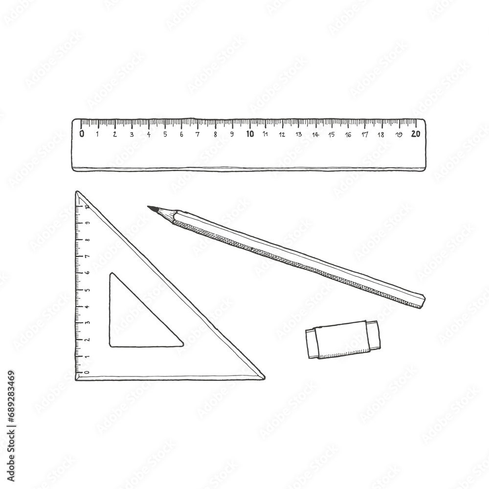 School utensils such as triangle, ruler, eraser and pencil, digitized ...