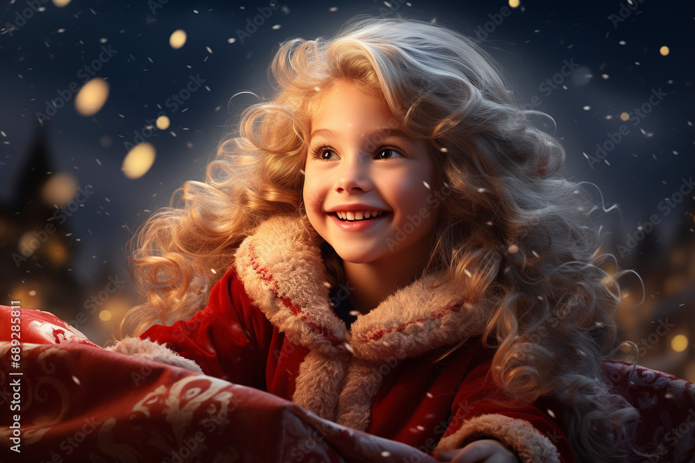 Cute little child with xmas present. Little girl. Little child on the ...