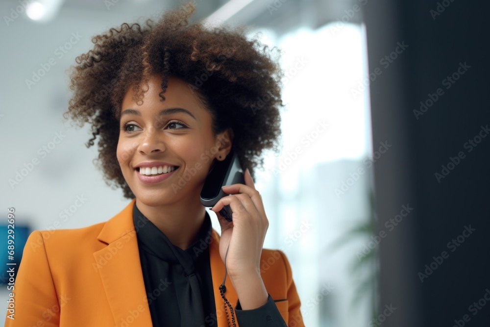 A woman wearing an orange jacket is engaged in a conversation on her ...
