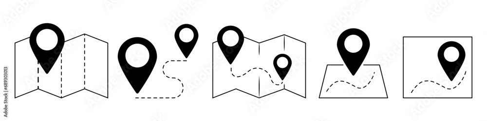 Map and location symbols set. Mapping icon. GPS cartography position ...