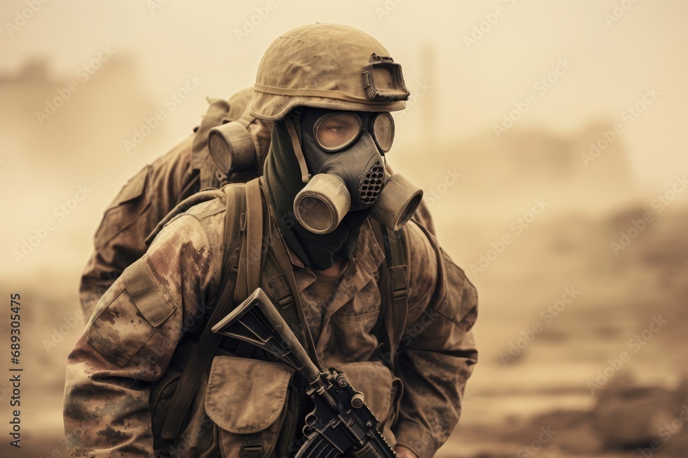 Soldier in gas mask with machine gun on war foggy background, A ...