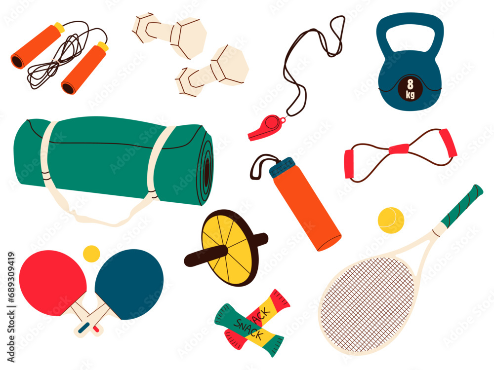 Vector set of flat illustration of sports equipment on white background ...