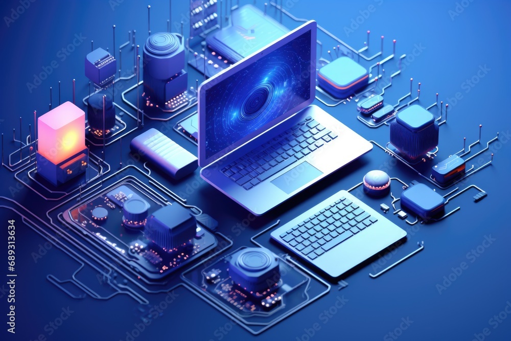 ภาพประกอบสต็อก A laptop computer is placed on top of a circuit board ...