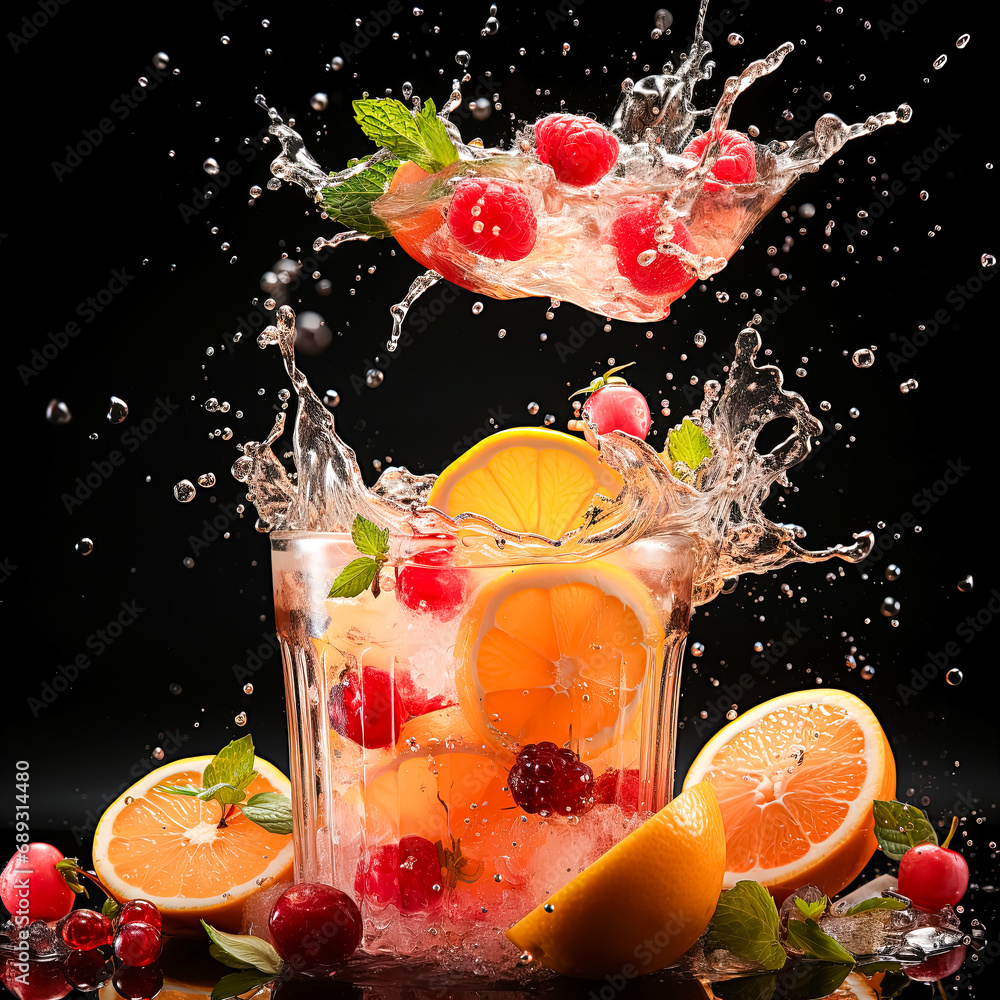 Splash of flavor, Cocktail with fruits amid water splashes on a dark ...