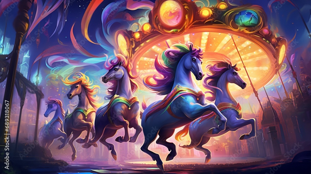 Vibrant carousel horses in a fantastical, animated carnival ...
