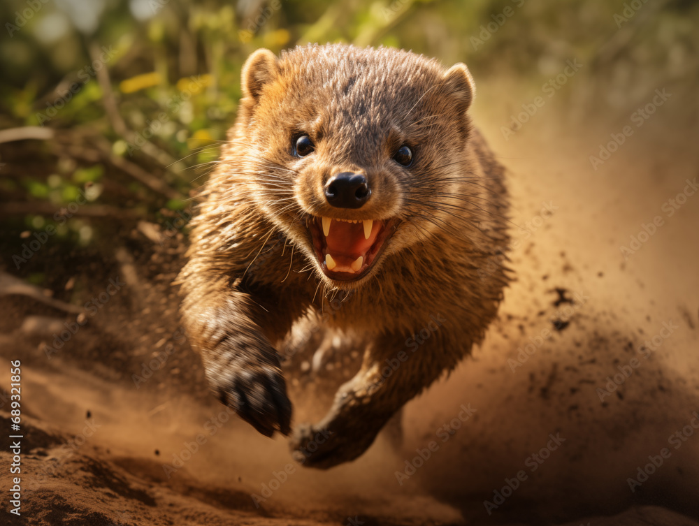 Angry Mongoose Charging with Tenacity, Teeth Bared, Captured in Dynamic ...