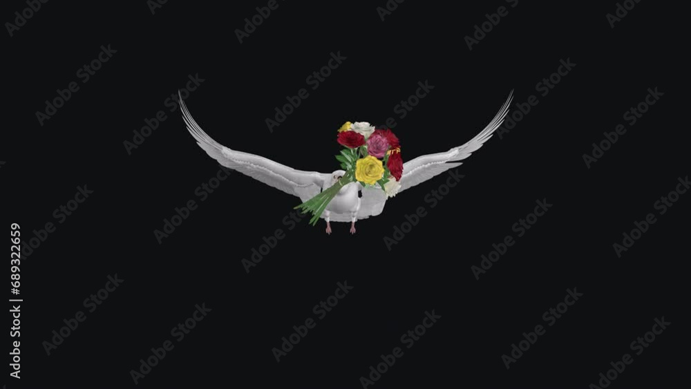 White Dove Bird with Bouquet of Colorful Rose Flowers - Flying Loop ...