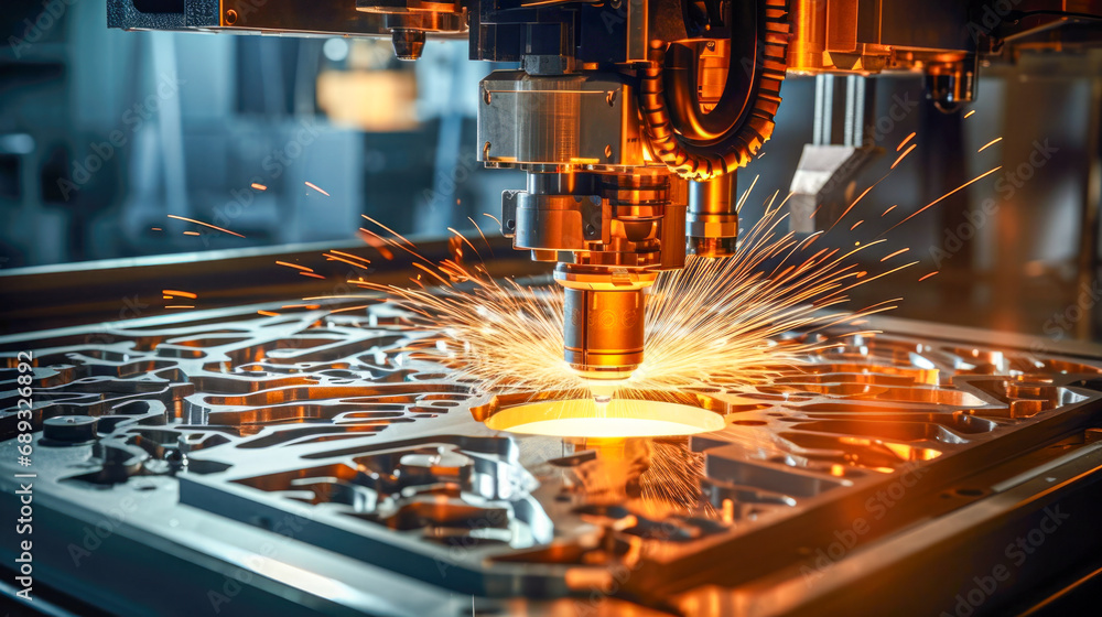 CNC milling machine cutting the sheet metal with the sparking light. hi ...