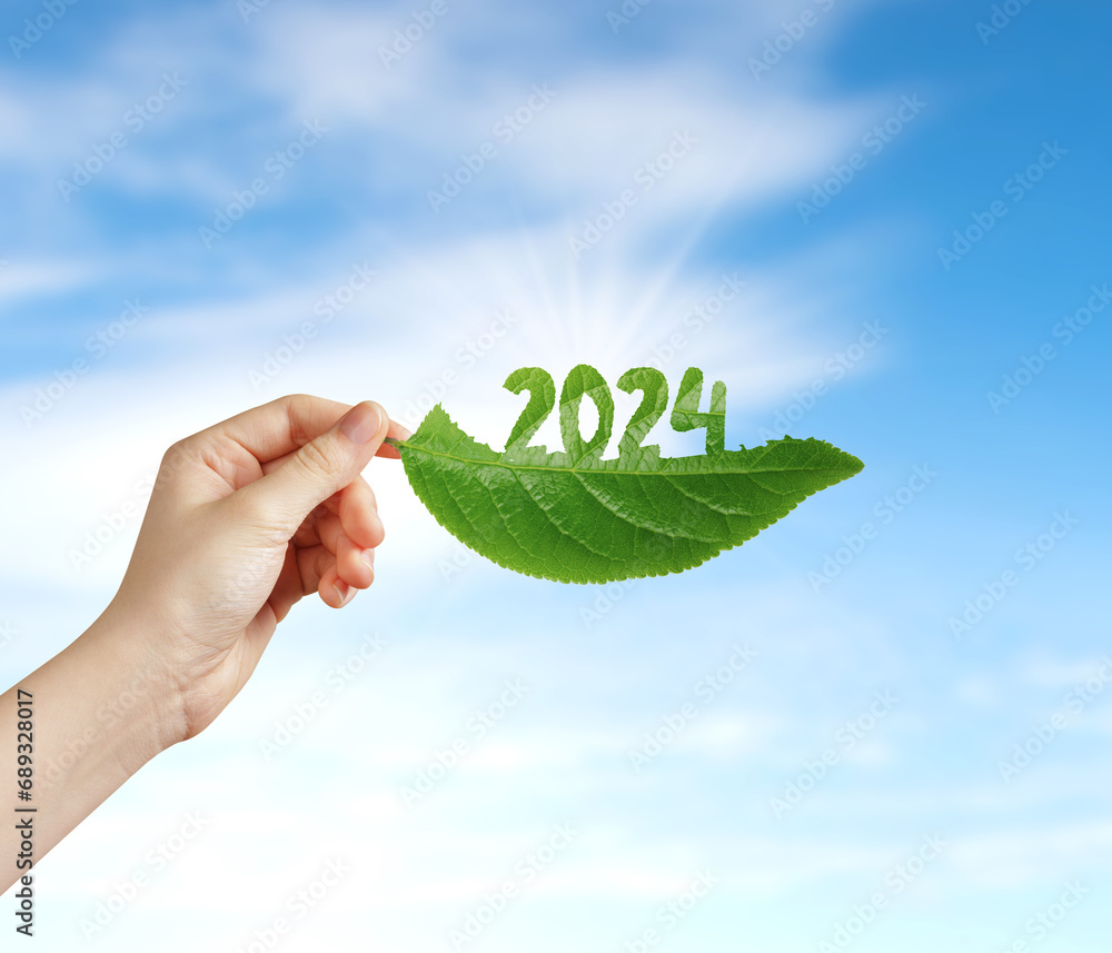Hand holding leaf 2024. New Year 2024 green recycling and saving our ...