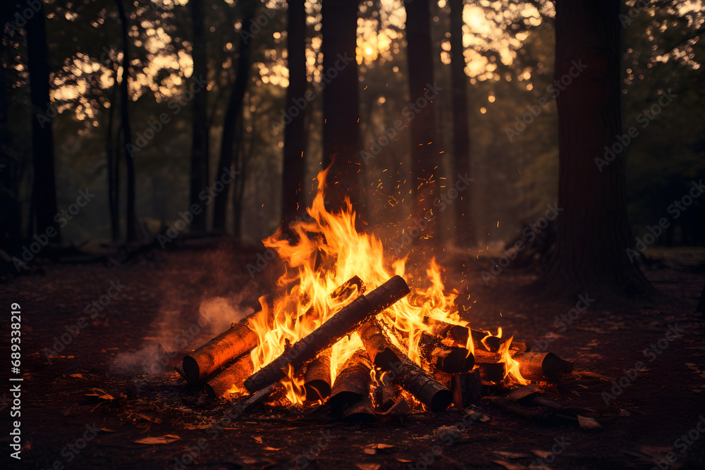 camp fire in the woods, fire, campfire, woods, burning pile of wood ...