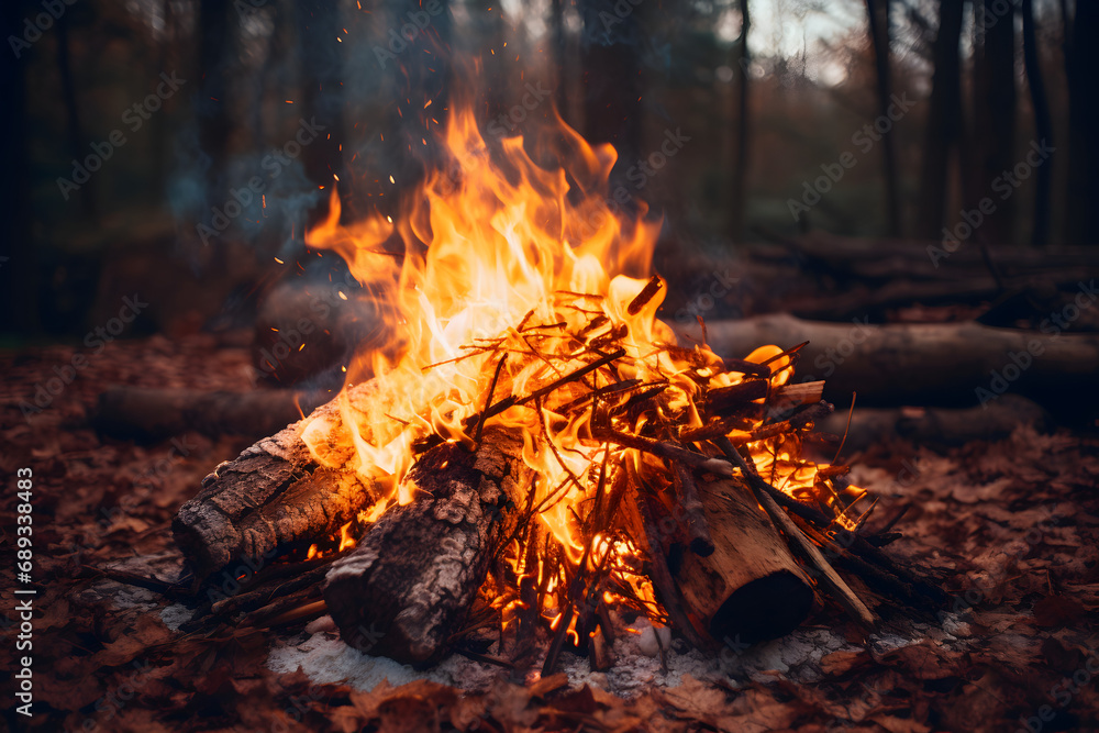 camp fire in the woods, fire, campfire, woods, burning pile of wood ...