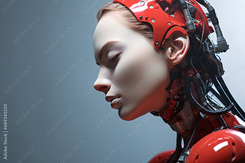 ai beautiful robot woman beautiful face wires and mechanisms on the ...