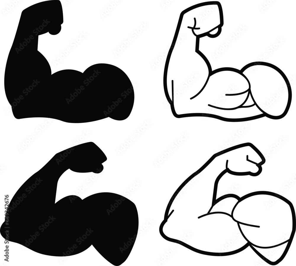 Arm muscle flex strong emoji line or flat black icon set . Bodybuilder ...