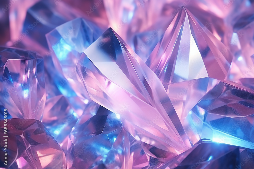 Sparkling background of glowing pink and blue gemstones crystals ...
