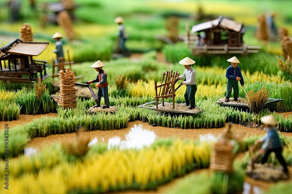 Tiny farmers, mighty fields Miniature figures cultivating rice a ...