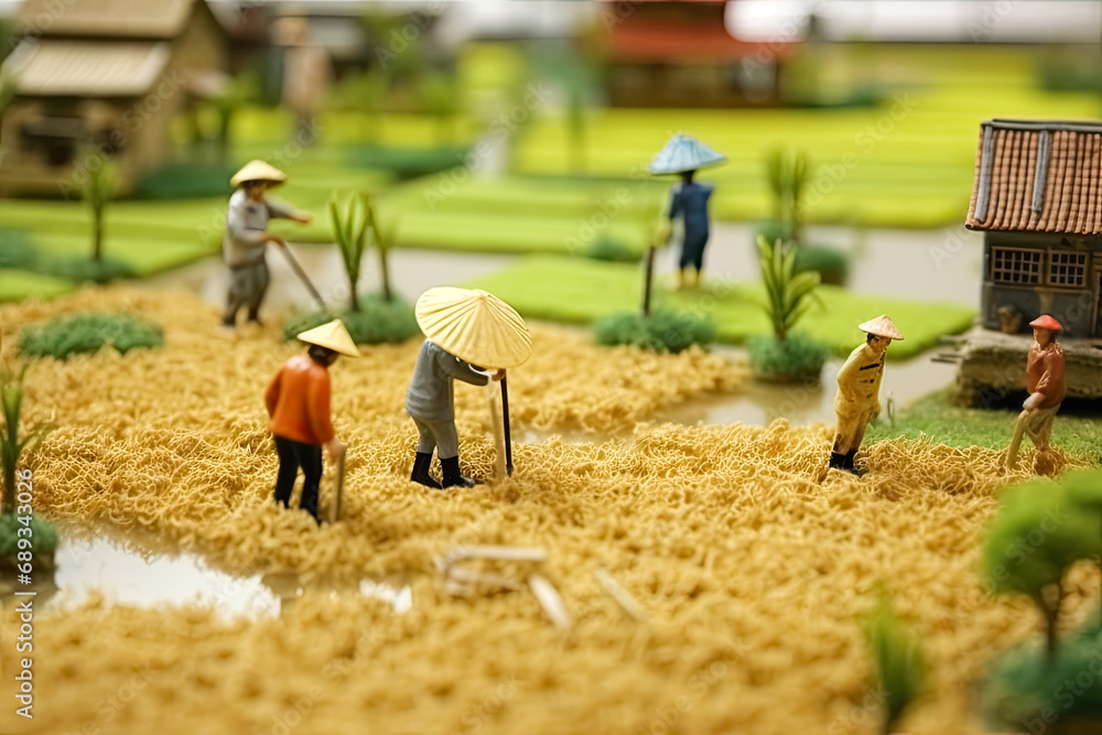 Tiny farmers, mighty fields Miniature figures cultivating rice a ...