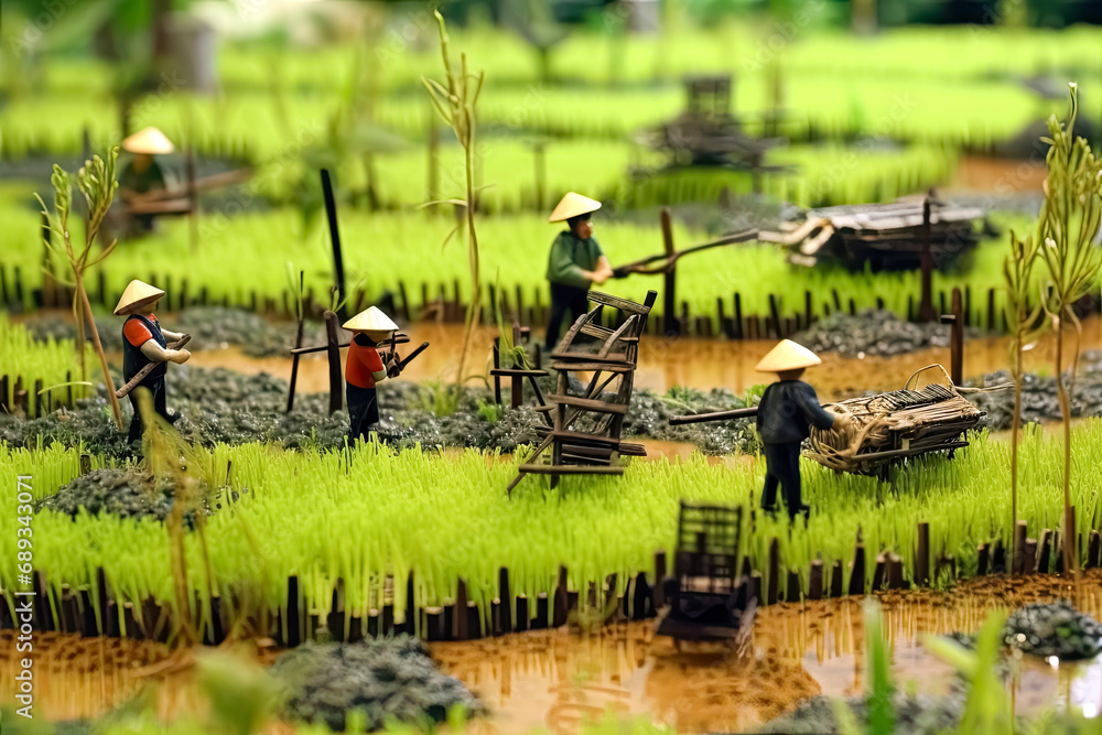 Tiny farmers, mighty fields Miniature figures cultivating rice a ...