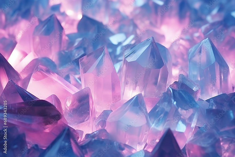 Sparkling background of glowing pink and blue gemstones crystals ...
