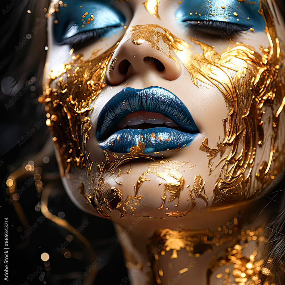 Sculpted beauty, Creative photo of female lips with blue lipstick a ...