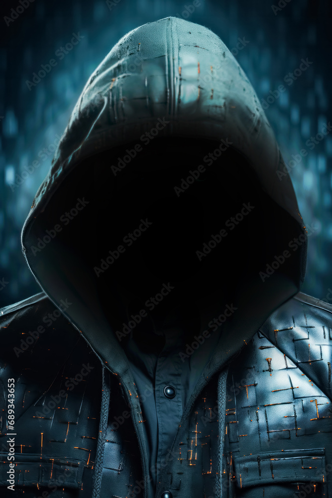 Shadowed hacker, Portrait in hood, face veiled a mysterious stock photo ...