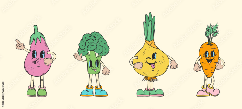 Retro cartoon characters. Groovy vegetables vector set. Eggplant ...