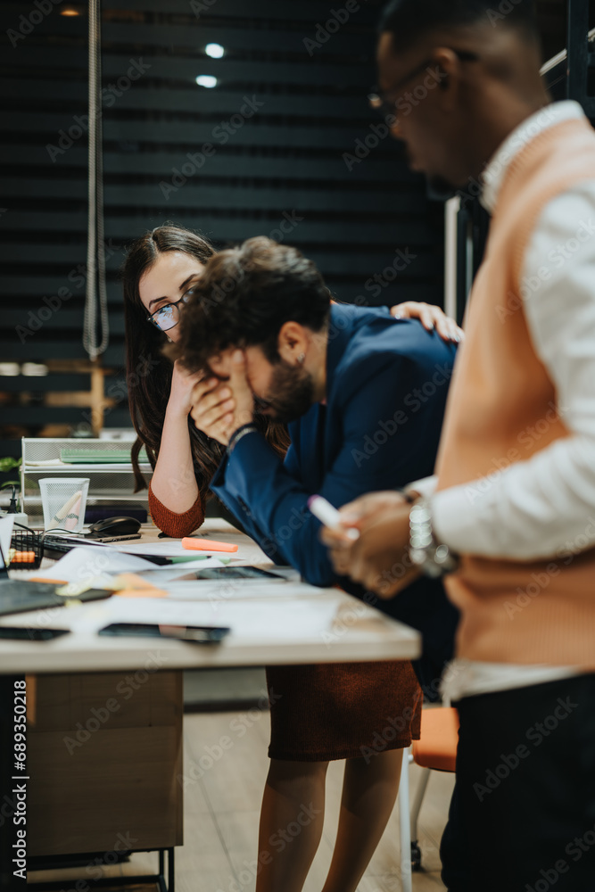 Young, male employee crying with covered eyes after he did mistake or ...