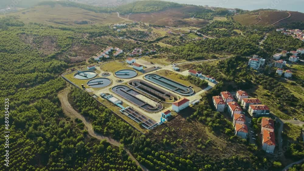 Water basins at sewage treatment plant aerial view, ponds for recycling ...