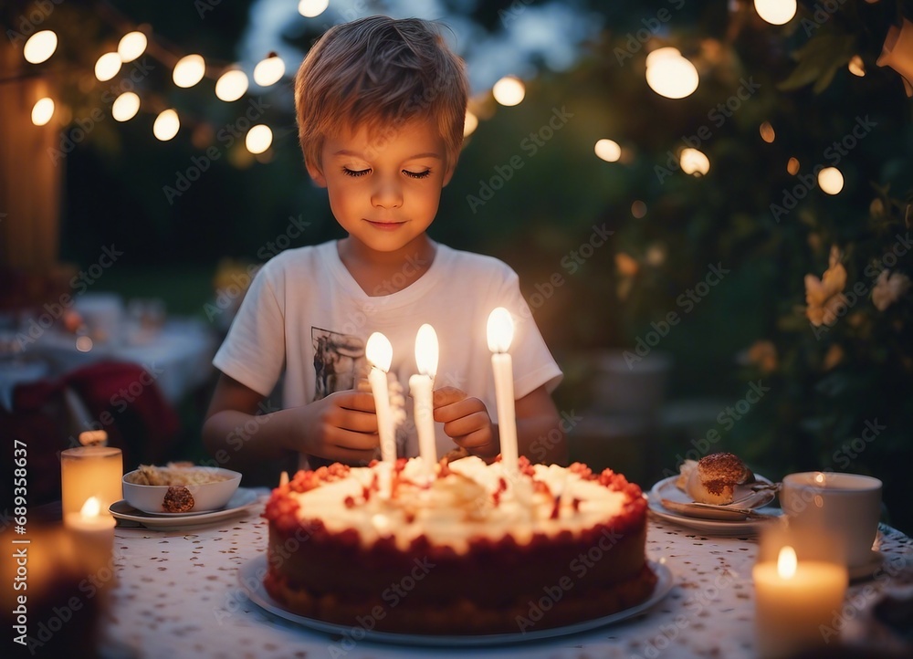 cute 5 year old boy celebrating his birthday at the garden of house ...