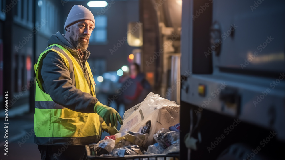 Photo & Art Print Worker of urban municipal recycling garbage collector ...