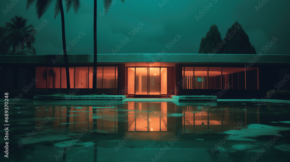 Tropical resort after unexpected storm, during nighttime. Flooded hotel ...