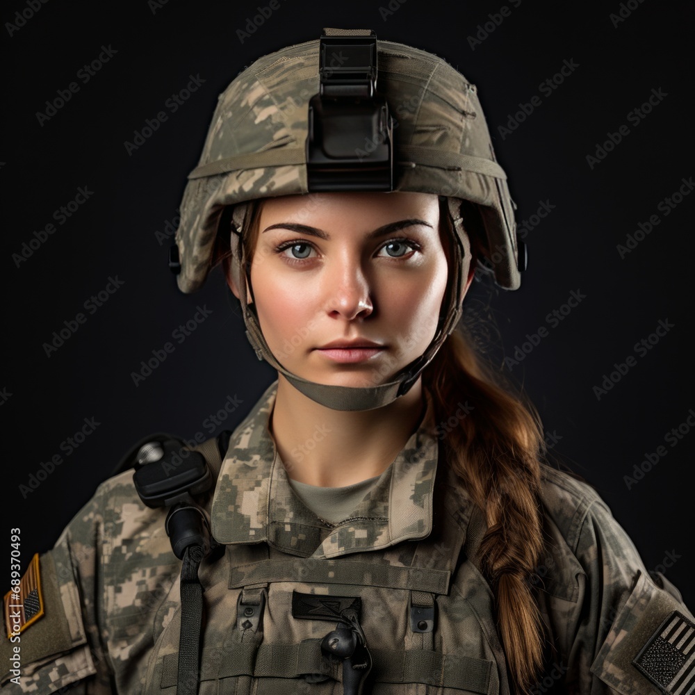 US ARMY FEMALE SOLDIES IN ACU US combat uniform from neck to helmet ...