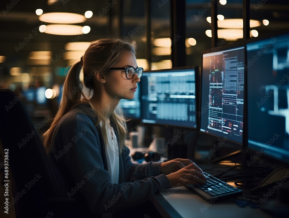 female developer, engrossed in coding on several high-resolution ...
