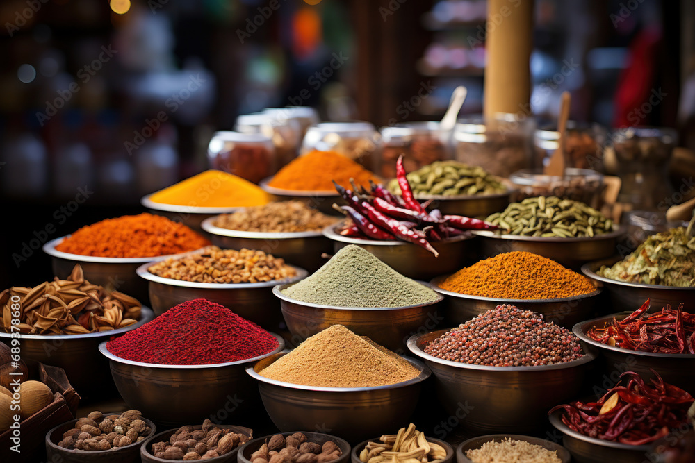 A bustling spice market with vibrant displays of aromatic spices ...