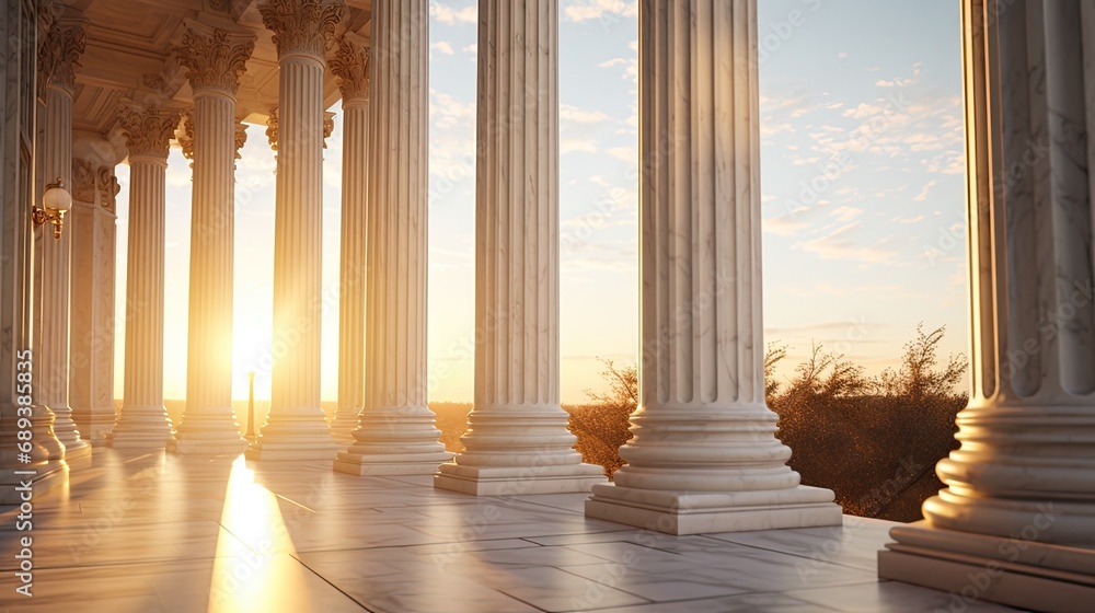 classical columns during the golden hour, allowing the warm sunlight to ...