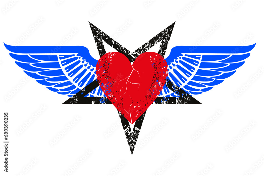 T-shirt design of a winged heart next to a five-pointed star. Good ...